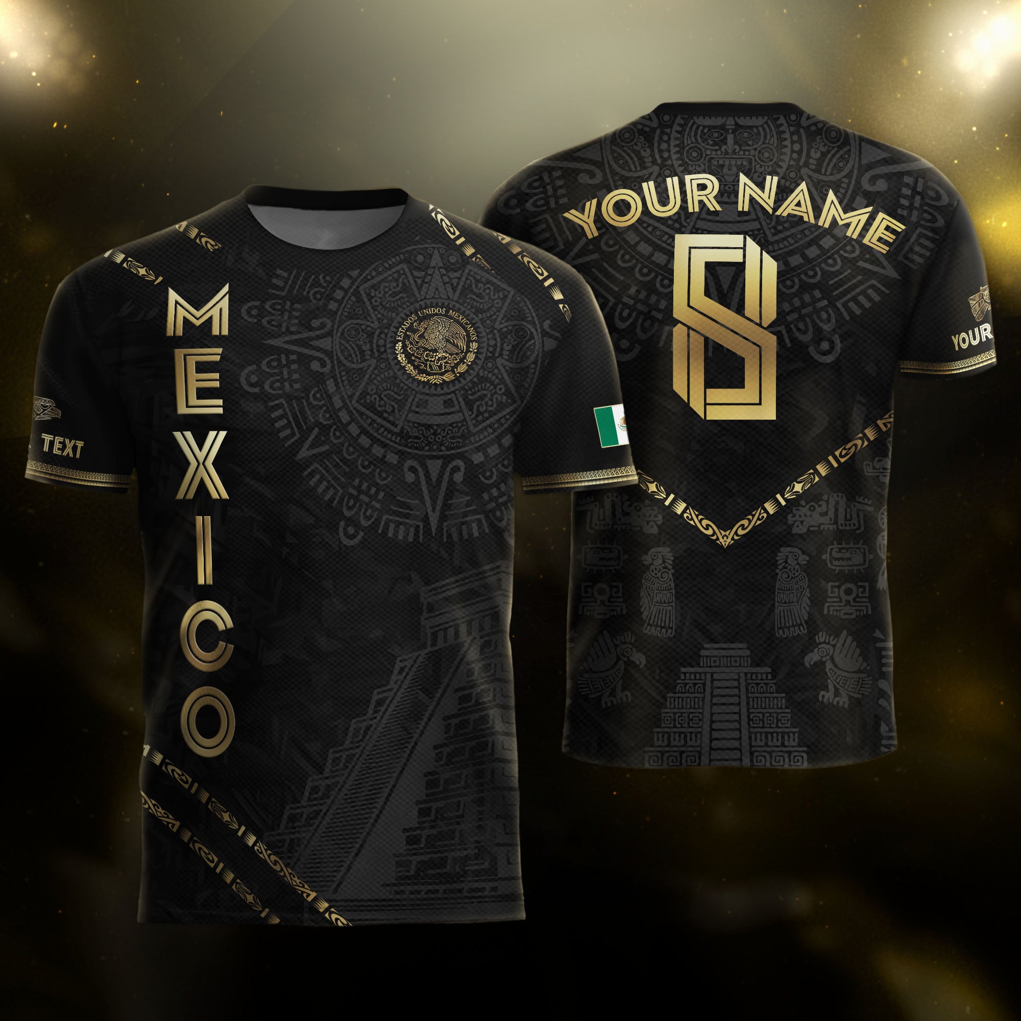 Custom Mexico Black Gold Aztec Calendar Pyramid Design Soccer Jersey ...