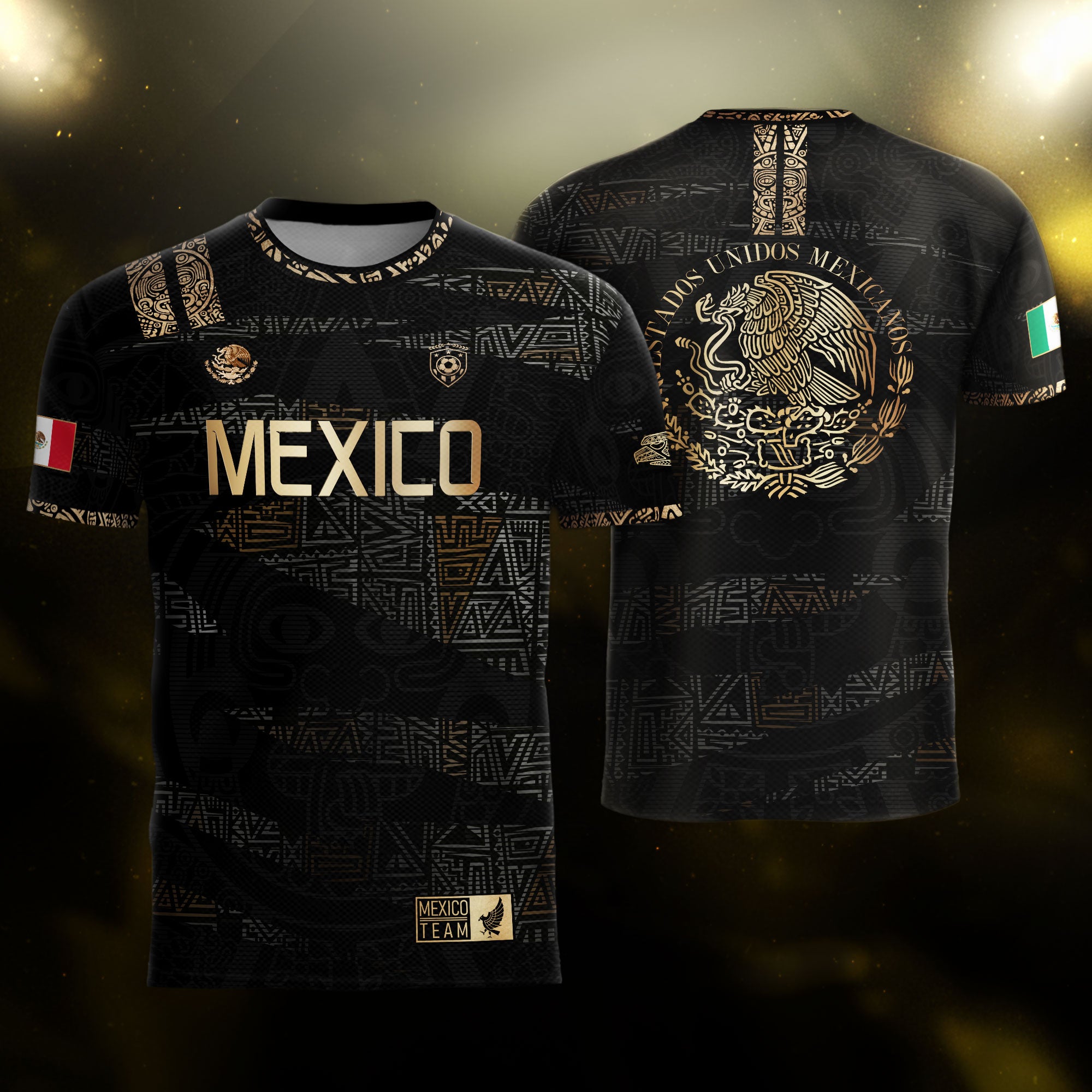 Mexico Black Gold Aztec Heritage Soccer Jersey with Eagle Crest Design ...