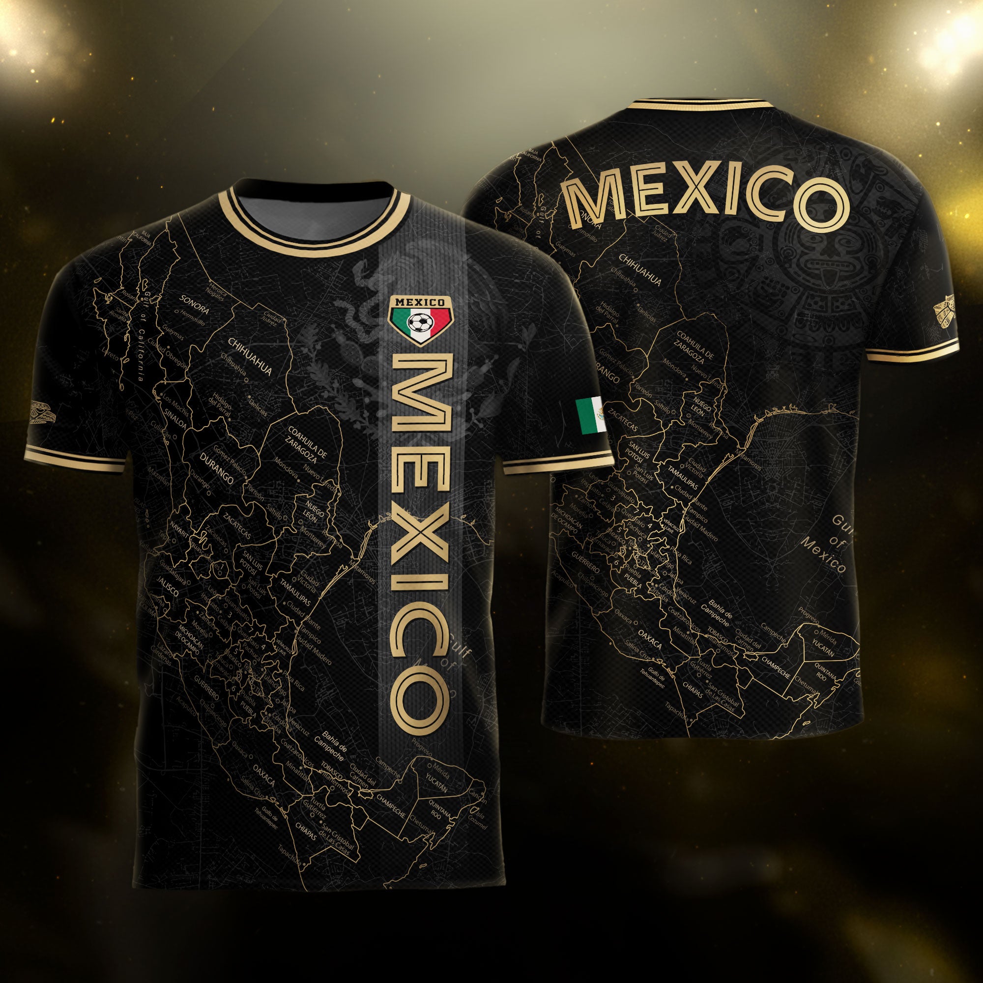 Mexico Black Heritage Map Soccer Jersey with Golden Aztec Accents ...