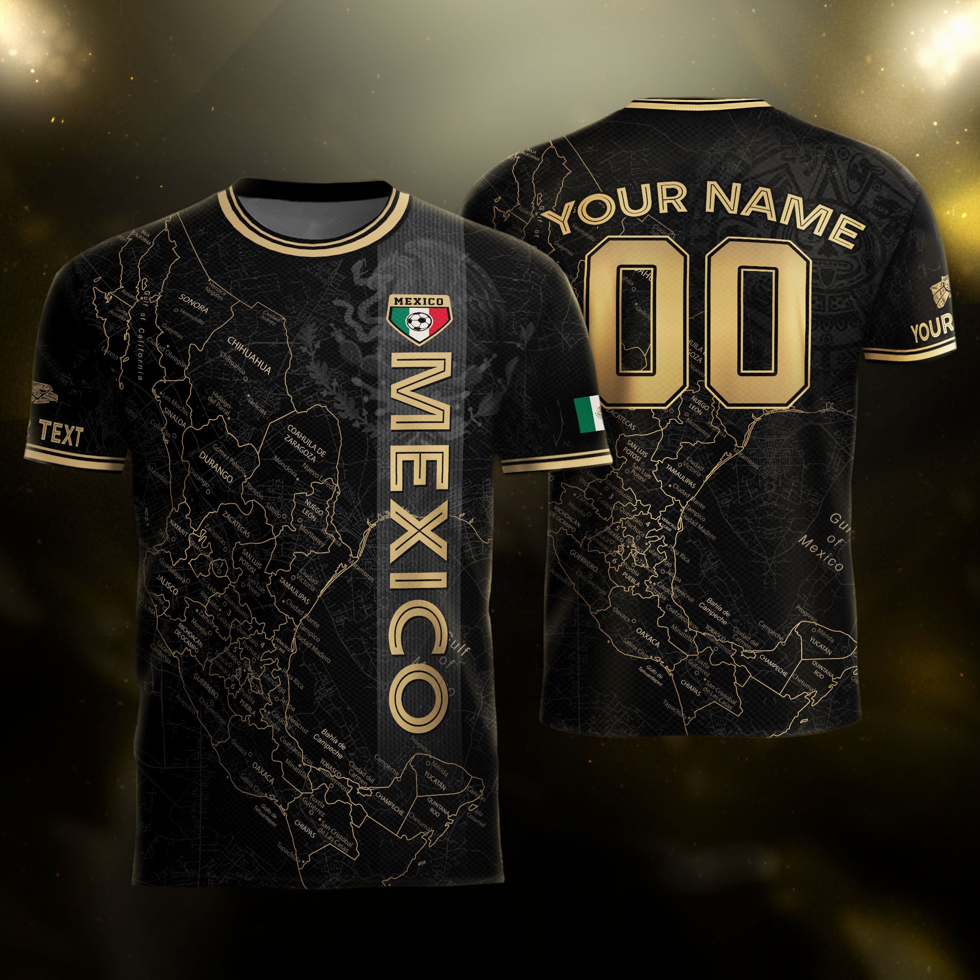 Custom Mexico Black Gold Soccer Jersey with Detailed Heritage Map Desi ...