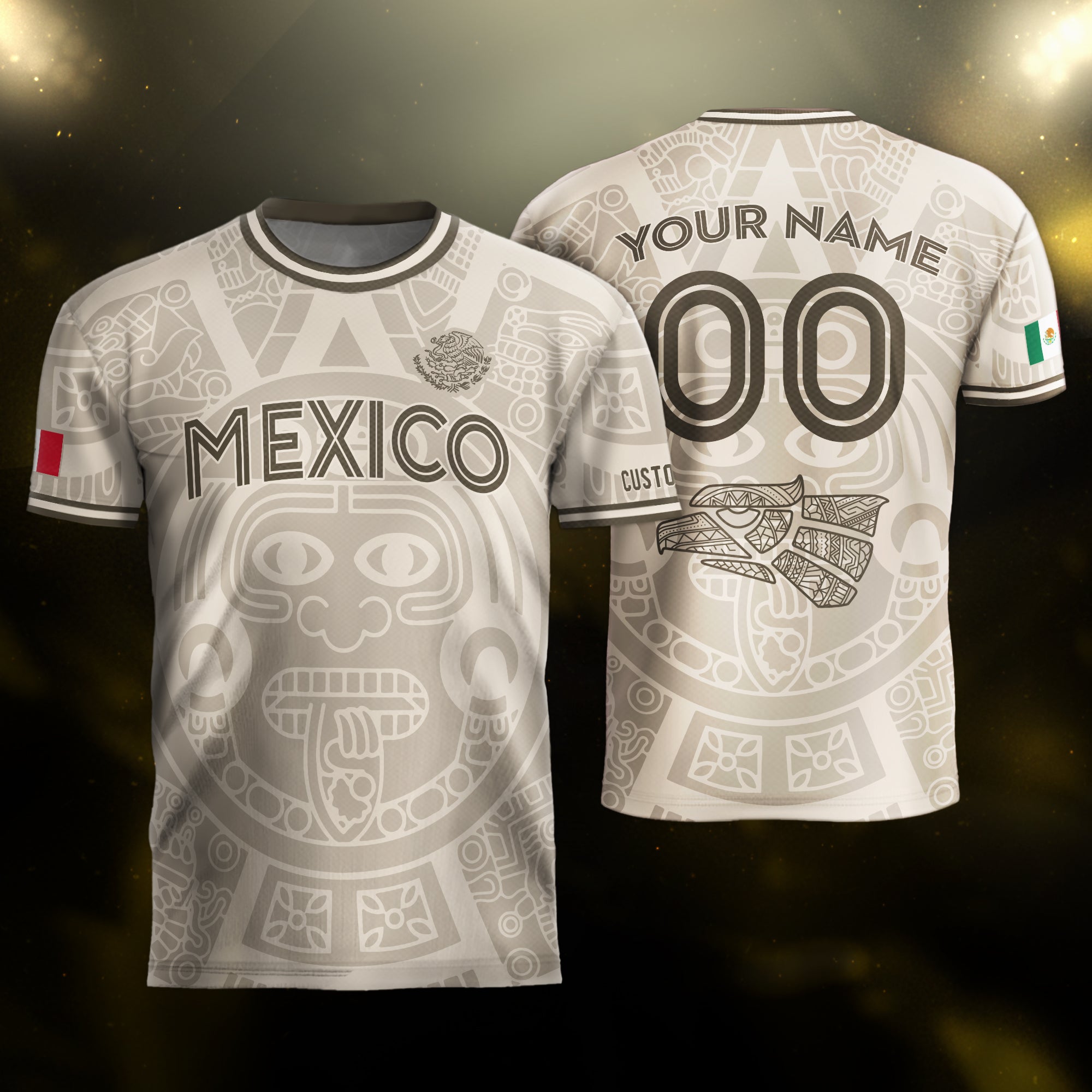 Custom Mexico Soccer Jersey Beige Brown Aztec Calendar Design – Grit ...